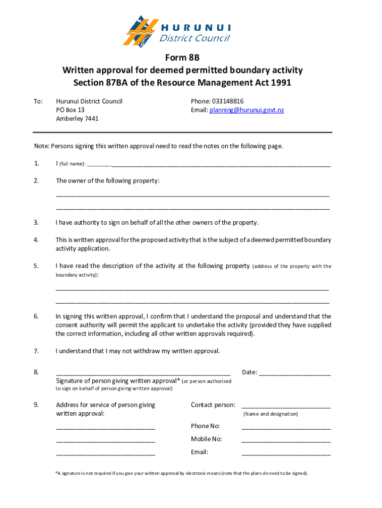 Fillable Online Written approval for deemed permitted boundary activity Fax Email Print - pdfFiller