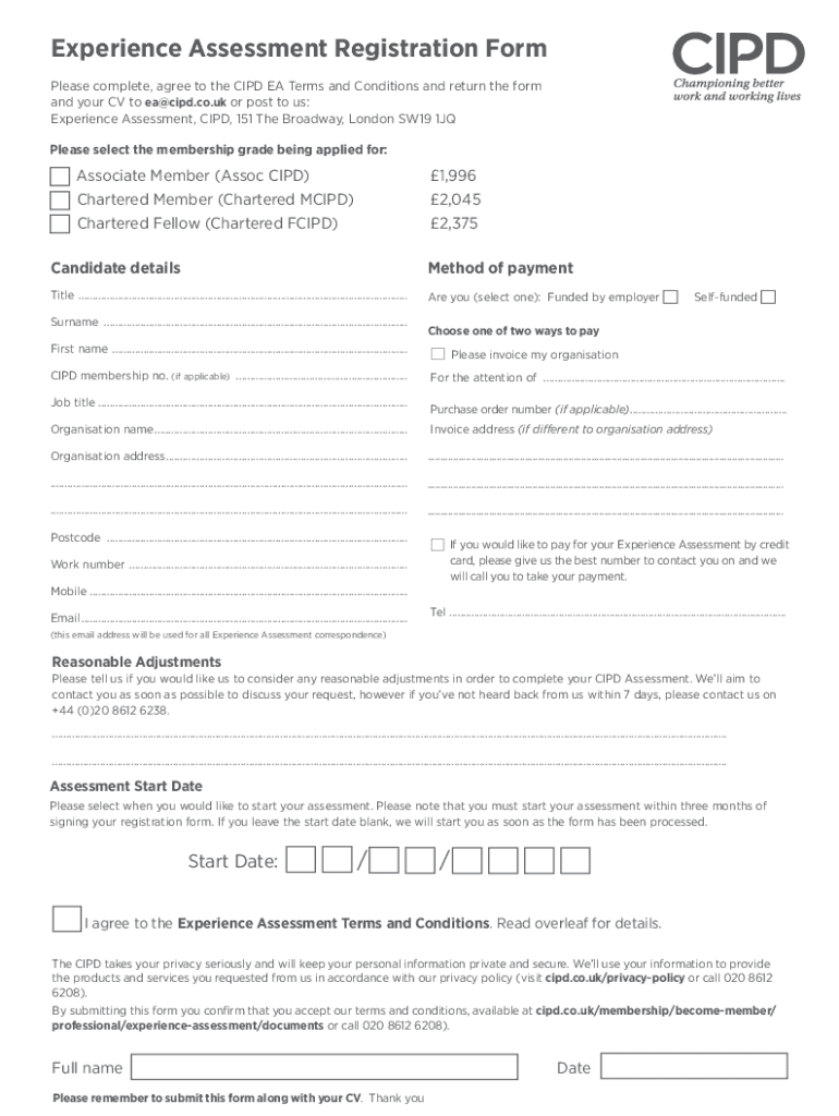 Fillable Online Experience Assessment Registration Form - CIPD Fax ...