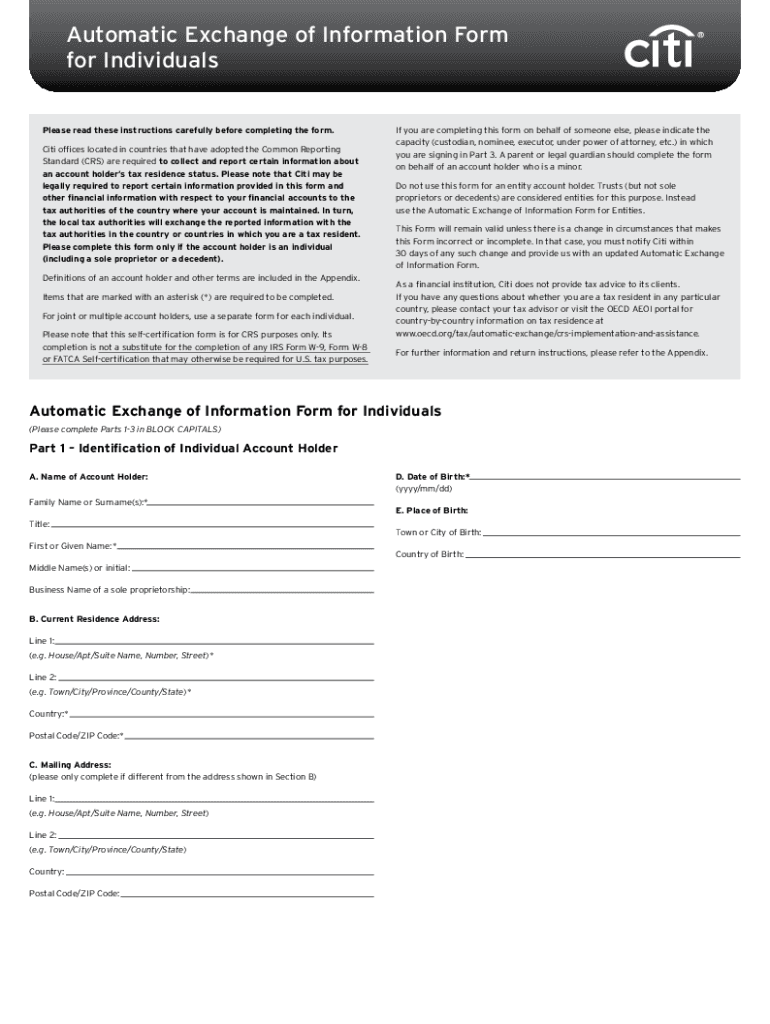 Fillable Online Automatic Exchange of Information Form for IndividualsAutomatic Exchange of ...