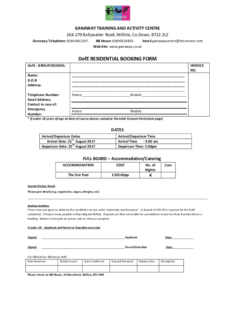 Fillable Online ganaway co DofE RESIDENTIAL BOOKING FORM - Ganaway ...