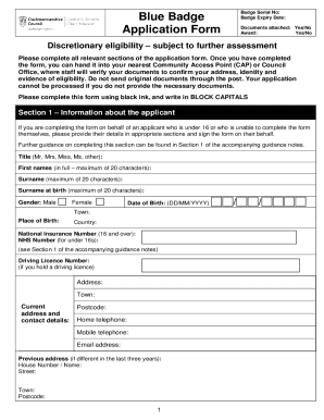 Fillable Online Blue Badge Application form - Discretionary entitlement ...