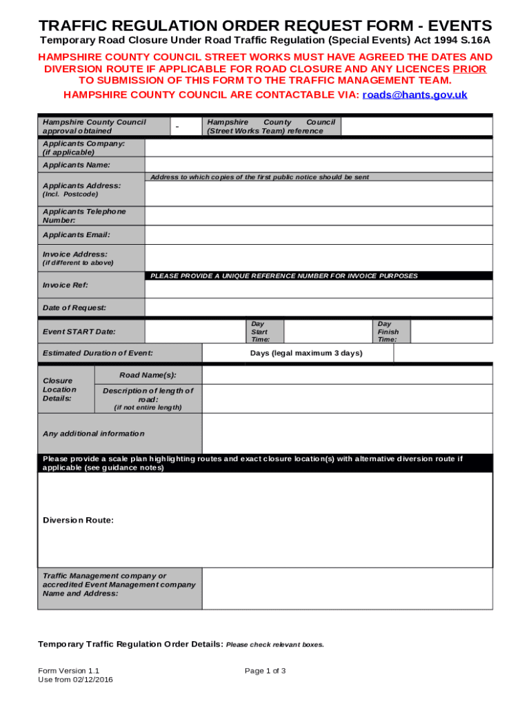 Request for a Permanent Traffic Regulation Order Doc Template | pdfFiller