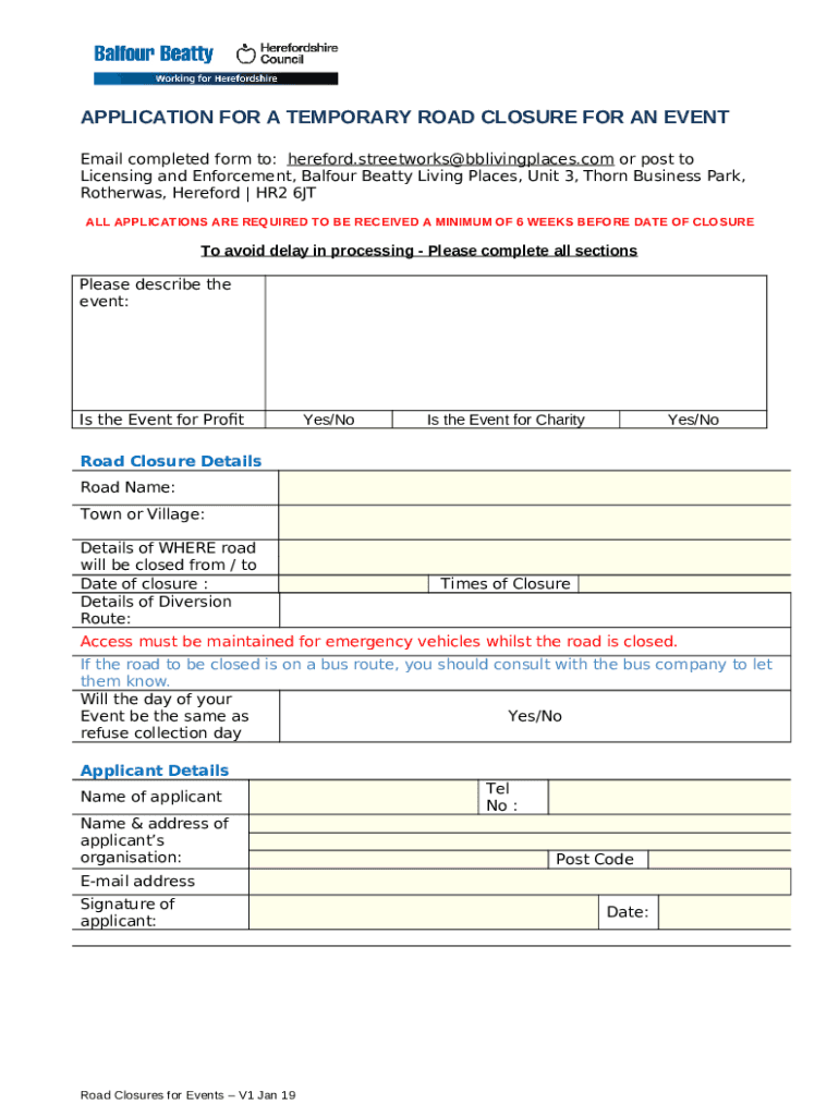 Application for road closures for an event Doc Template | pdfFiller