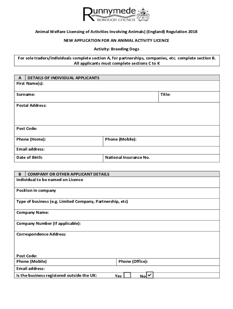 Fillable Online Animal Welfare Licensing of Activities Involving ...