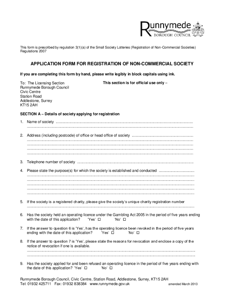 Fillable Online This form is prescribed by regulation 3(1)(a) of the Small Society Lotteries ...