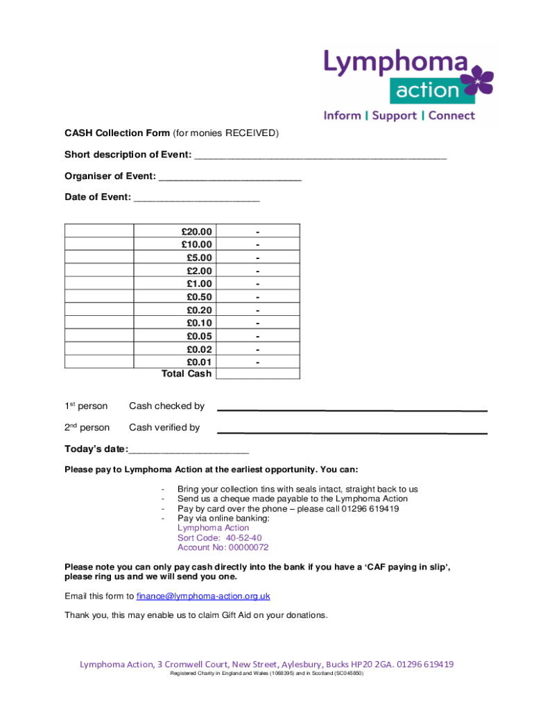 Fillable Online CASH Collection Form (for monies RECEIVED) Fax Email ...