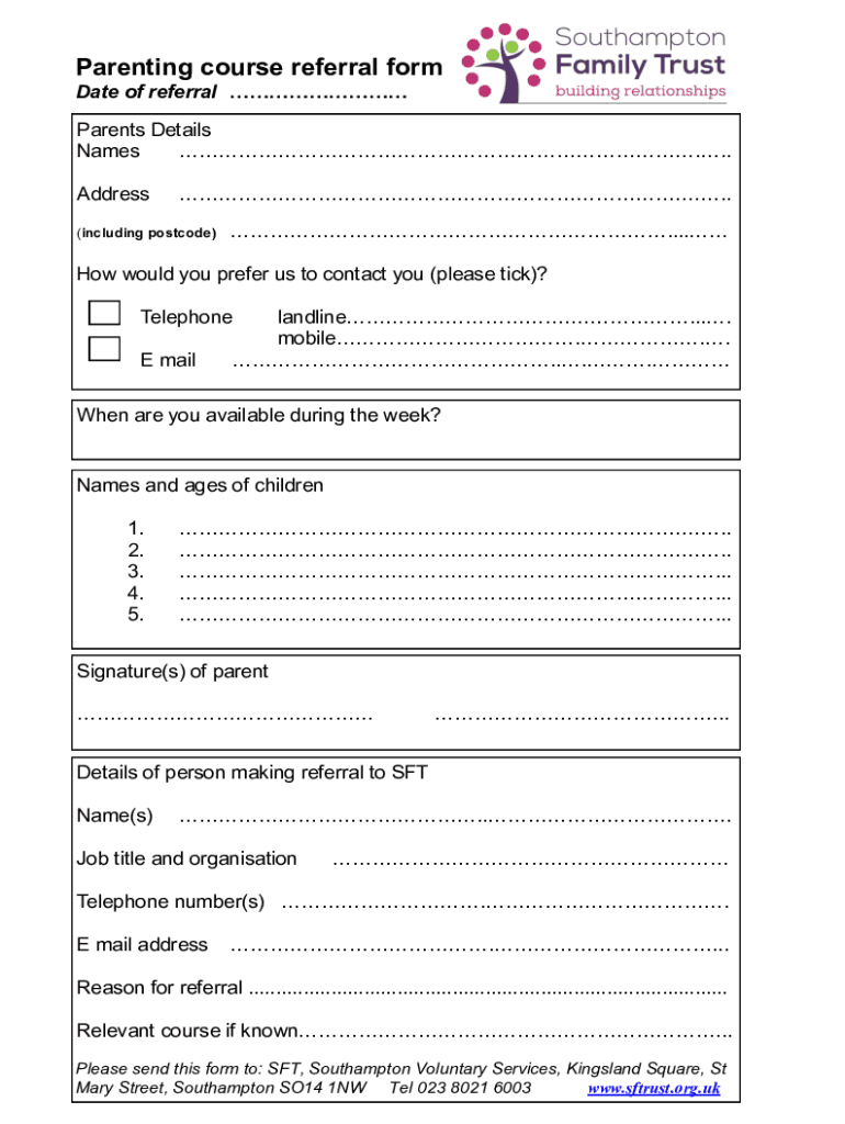 Fillable Online Parent Referral Form FMF - Families Moving Forward Fax ...