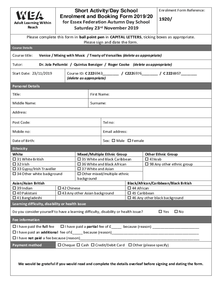 Fillable Online wea-essex org Enrolment Form Reference: Enrolment and ...