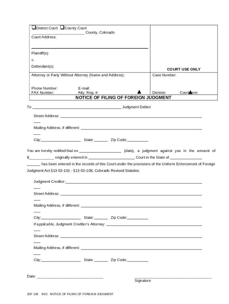 notice of filing of foreign judgment Doc Template | pdfFiller