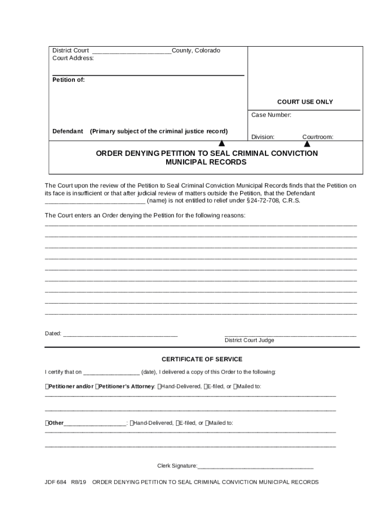 ORDER DENYING PETITION TO SEAL CRIMINAL CONVICTIONMUNICIPAL RECORDS Doc Template | pdfFiller
