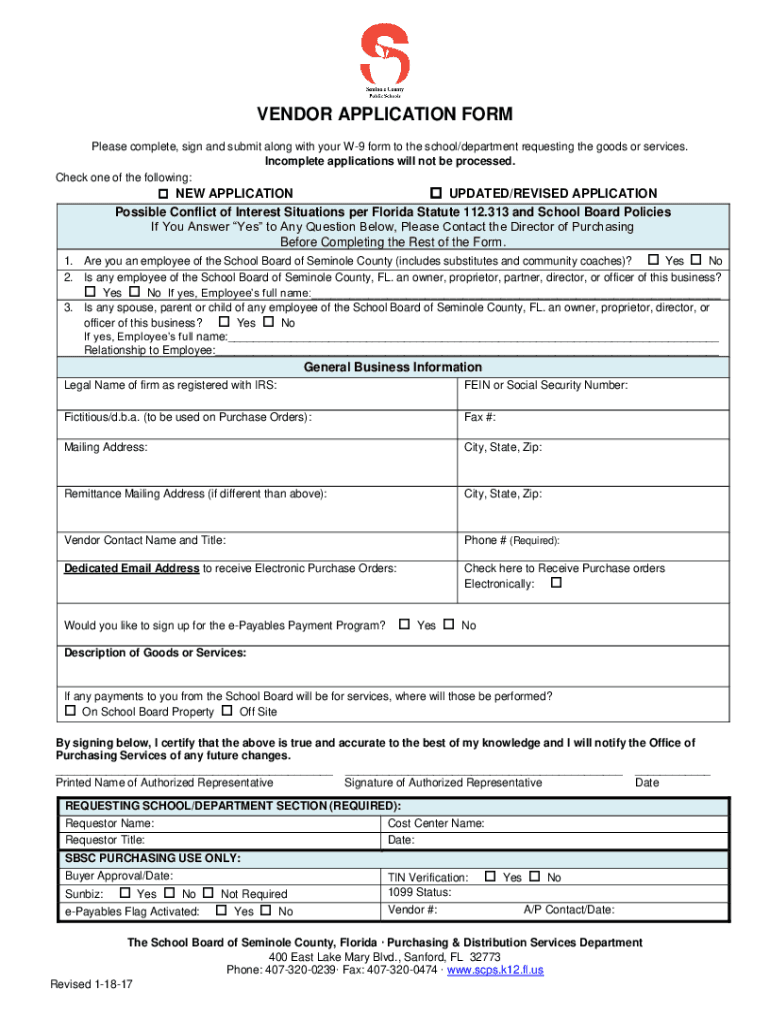 Fillable Online VENDOR APPLICATION FORM - Seminole County Public Schools Fax Email Print - pdfFiller
