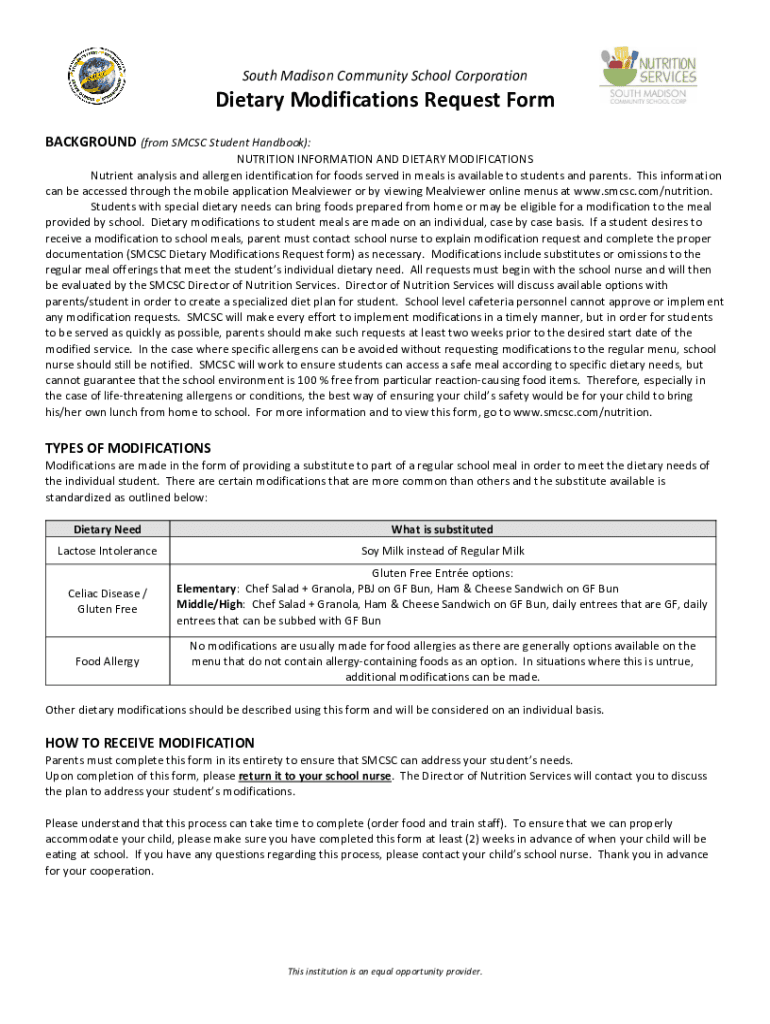 Fillable Online smadison k12 in Dietary Modifications Request Form - Home - South Madison ...