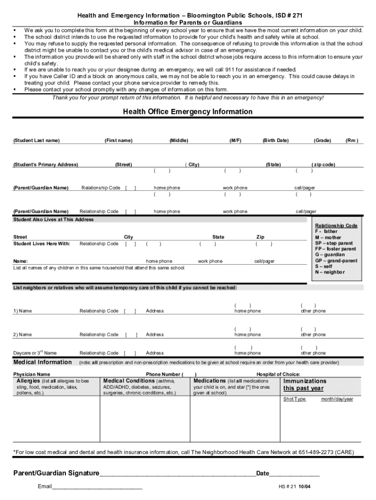 Fillable Online hub bloomington k12 mn Health and Emergency Information ...