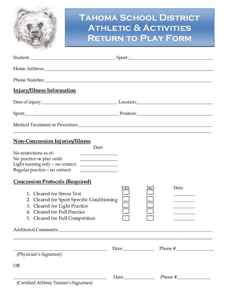 Fillable Online Tahoma School District Athletic & Activities Return to ...