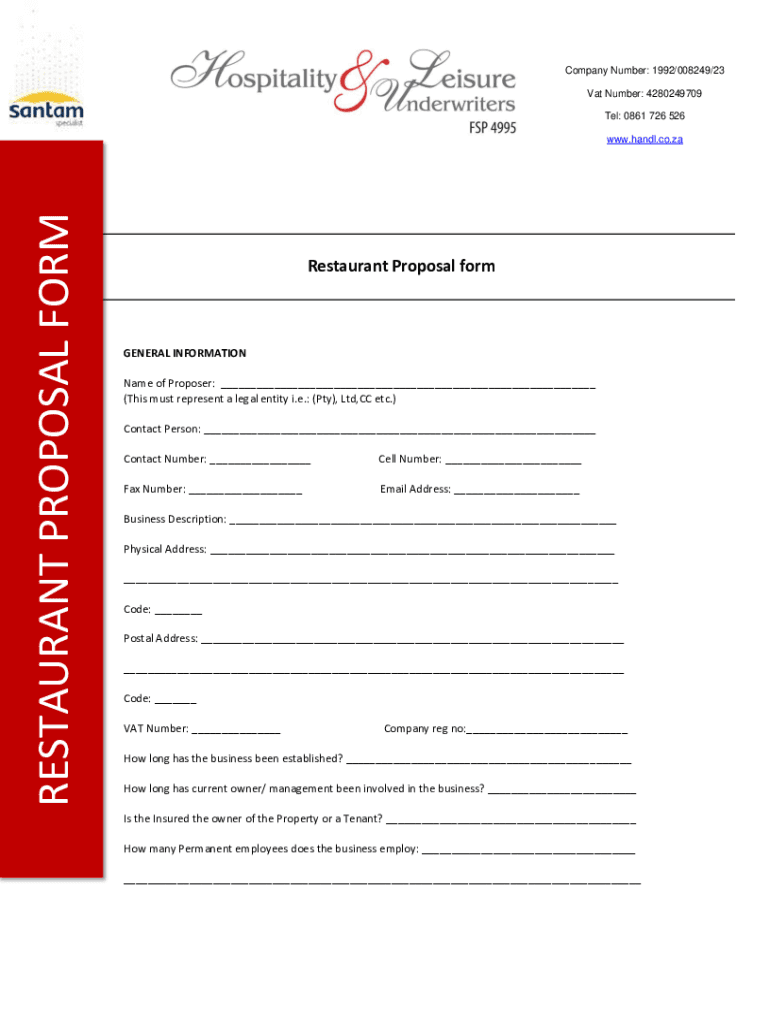 Fillable Online Restaurant Proposal form - Hospitality & Leisure ...