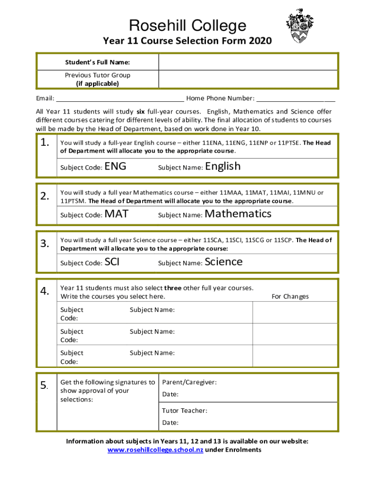 Fillable Online rosehillcollege school Rosehill College Year 10 Course Selection Form 2021 Fax ...