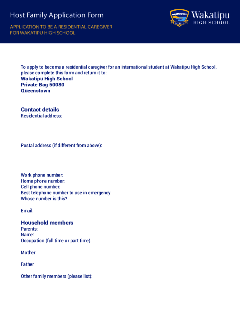 Fillable Online Host Family Application Form - wakatipu.school.nz Fax ...