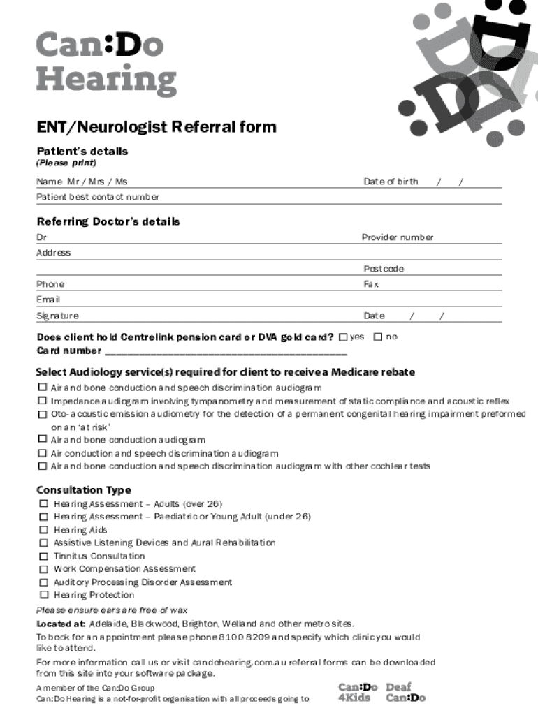 Fillable Online ENT/Neurologist Referral form - Can:Do Hearing Fax ...
