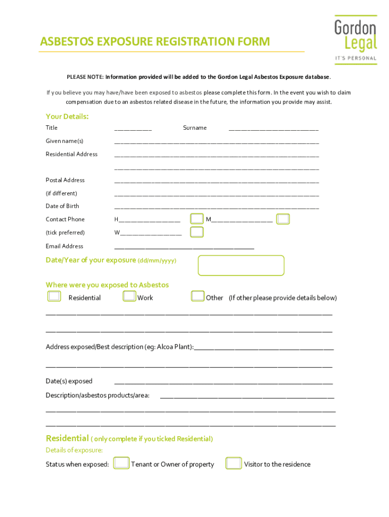 Fillable Online ASBESTOS EXPOSURE REGISTRATION FORM - Gordon Legal Fax ...