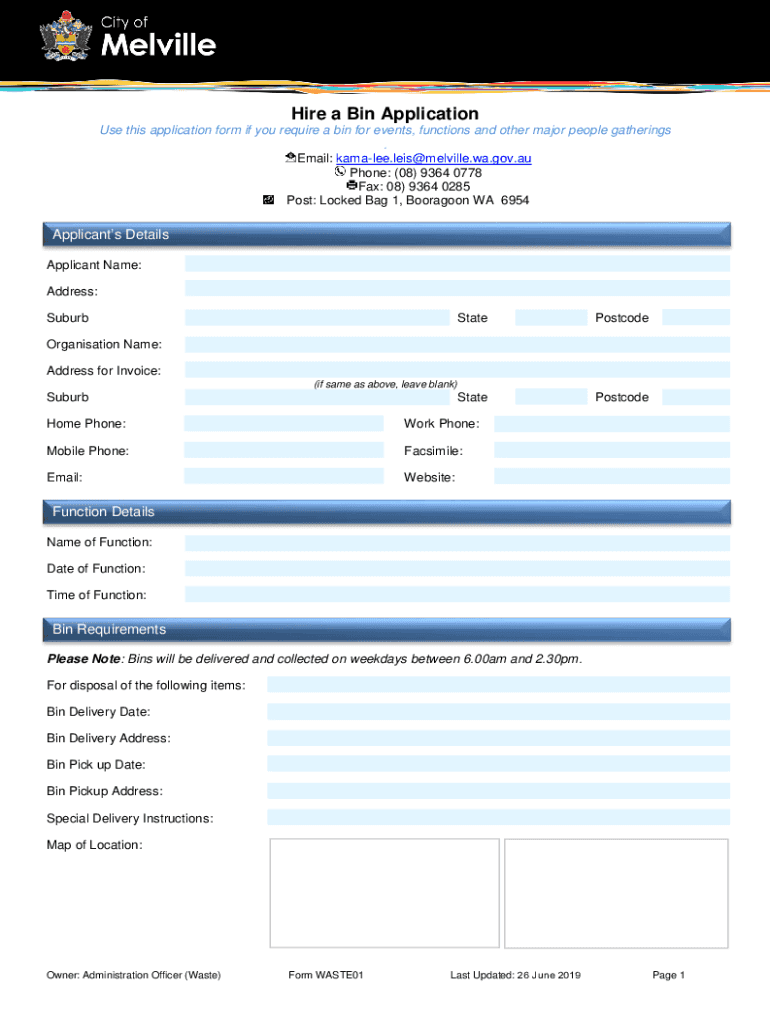Fillable Online Hire a Bin Application - City of Melville Fax Email Print - pdfFiller