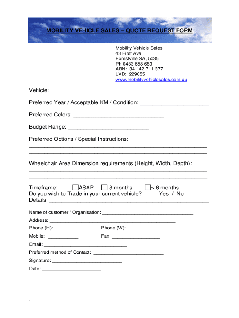 Fillable Online MOBILITY VEHICLE SALES QUOTE REQUEST FORM Fax Email ...