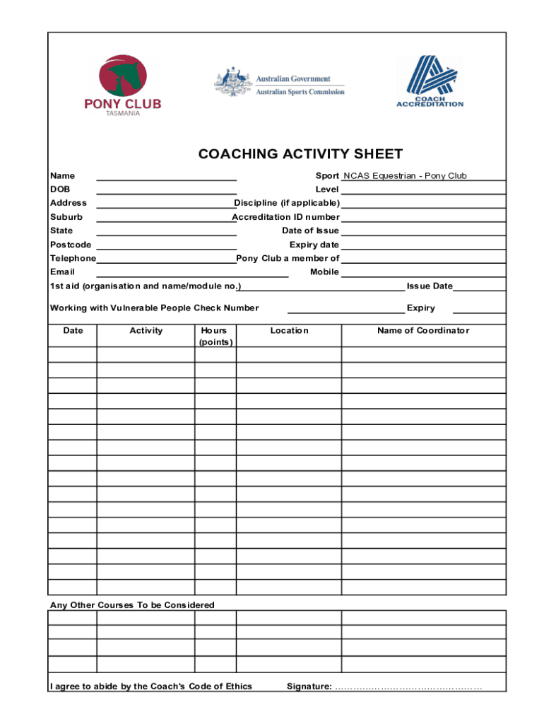 Fillable Online COACHING ACTIVITY SHEET COACHING ACTIVITY SHEET - Pony ...