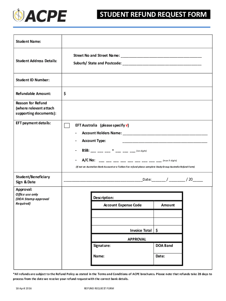 Fillable Online STUDENT REFUND REQUEST FORM.. Fax Email Print - pdfFiller