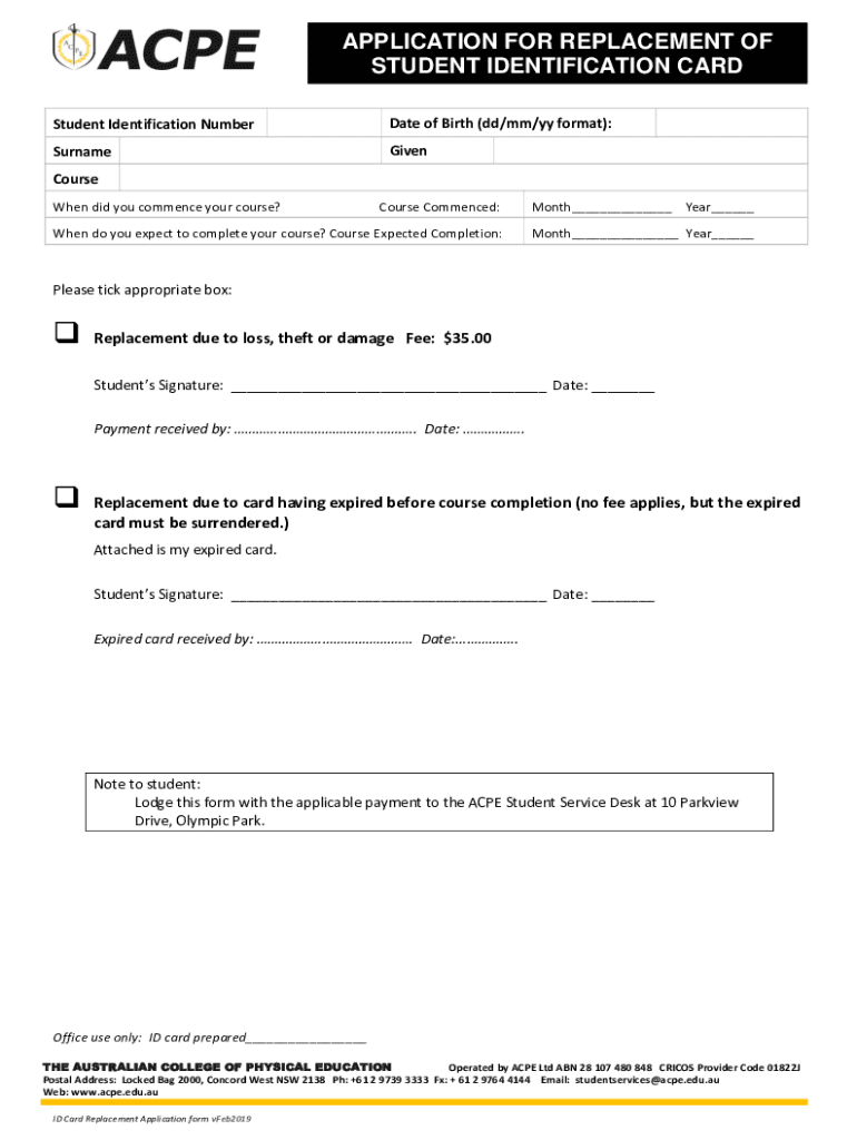 Fillable Online APPLICATION FOR REPLACEMENT OF STUDENT ... - acpe.edu ...