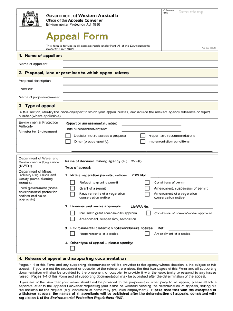 Fillable Online Office of the Appeals ConvenorAppeal application form ...