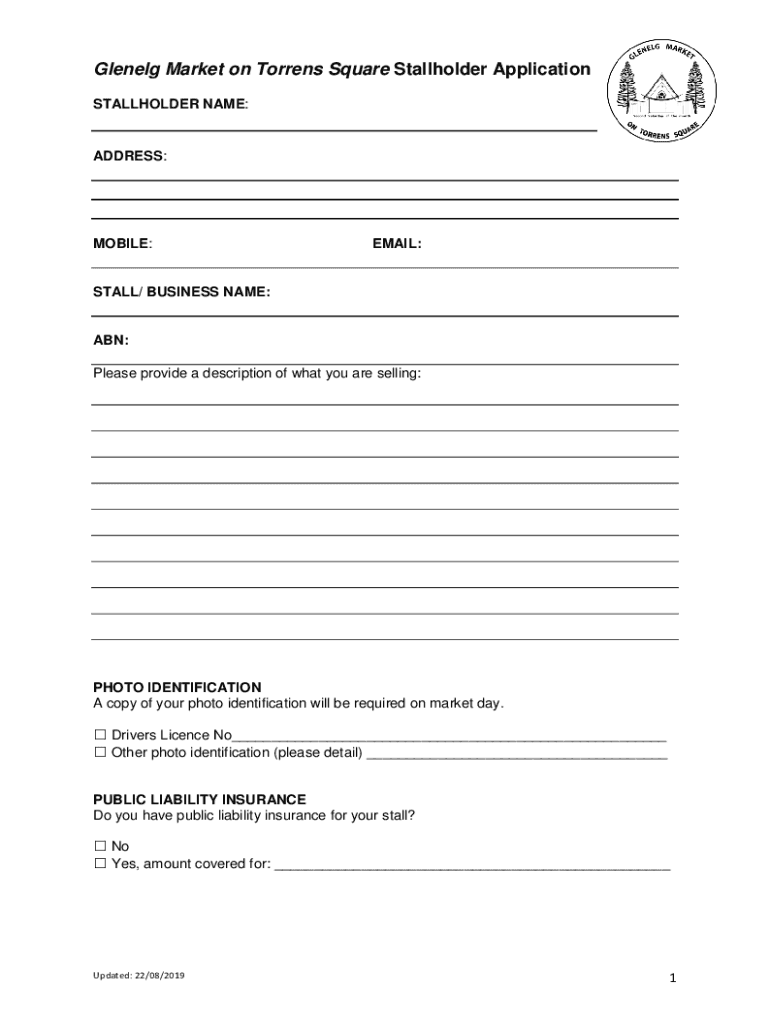 Fillable Online Glenelg Market on Torrens Square Stallholder ...