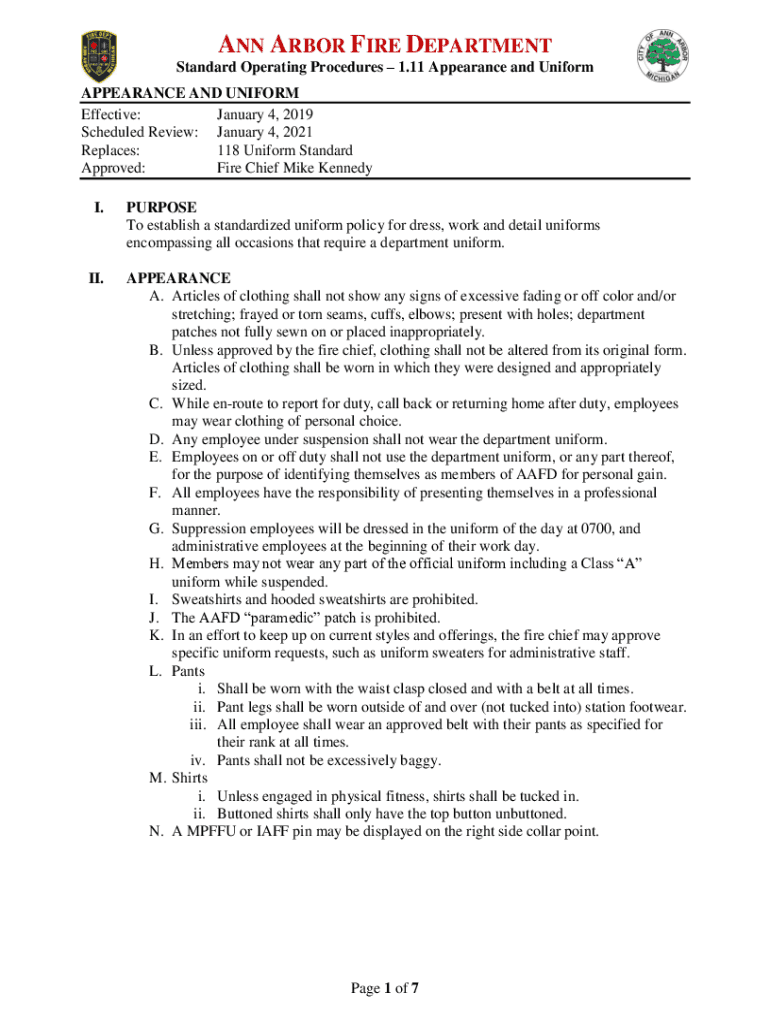 Fillable Online Standard Operating Procedures 1.11 Appearance and ...