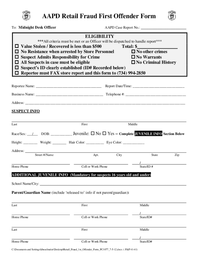 Fillable Online AAPD Retail Fraud First Offender Report Fax Email Print - pdfFiller