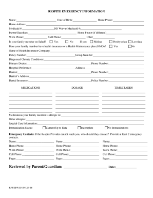 Fillable Online RESPITE EMERGENCY INFORMATION Fax Email Print - pdfFiller
