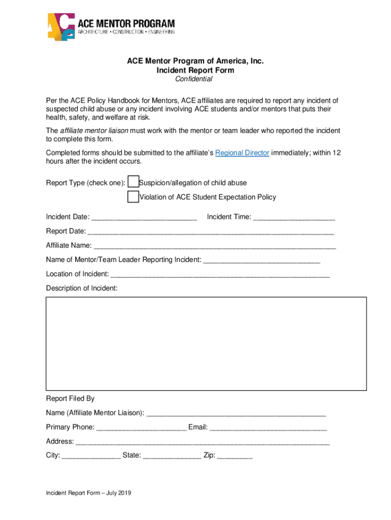 Fillable Online ACE Mentor Program of America, Inc. Incident Report ...