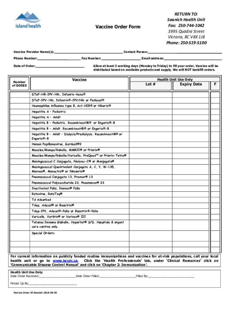 Fillable Online Vaccine Order Form Saanich - Island Health - Fill and ...