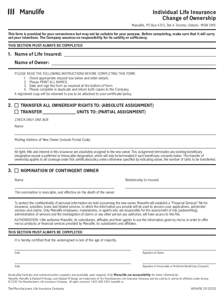 Fillable Online Individual Life Insurance Change of OwnershipManulife ...