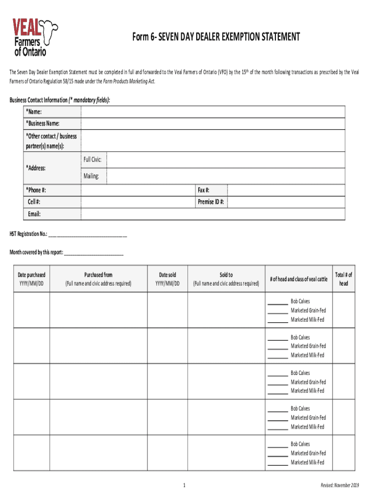 Fillable Online ontarioveal on Form 6- SEVEN DAY DEALER EXEMPTION ...