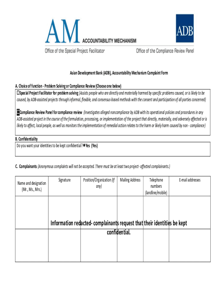 Fillable Online lnadbg4 adb ADB Accountability Mechanism Complaint Form ...