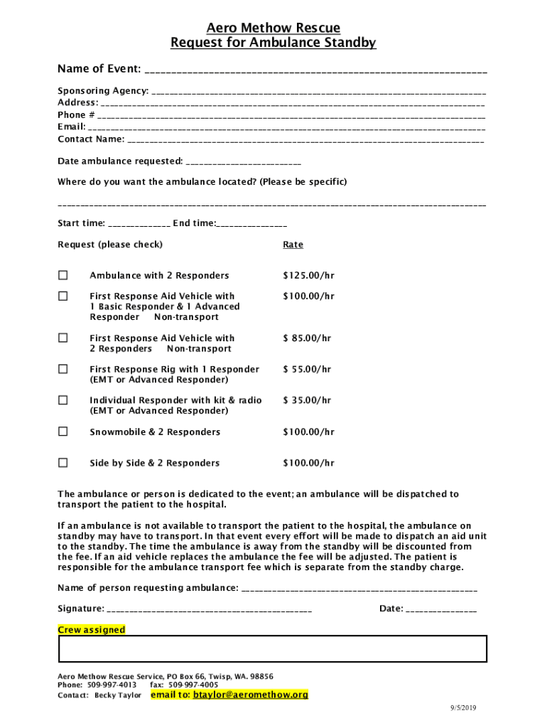 Fillable Online Request for Ambulance Standby 2fill in form Fax Email ...
