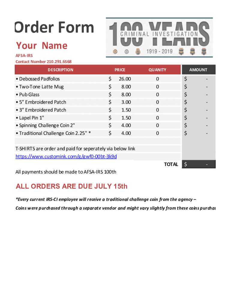 Fillable Online AFSA-IRS Commemorative Item Order Form Fax Email Print ...