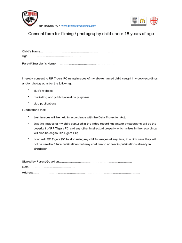 Fillable Online RP Tigers FC - Consent form for filming + photography - Final Fax Email Print ...