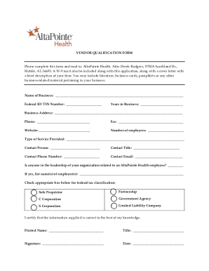Fillable Online VENDOR QUALIFICATION FORM - altapointe.org Fax Email ...