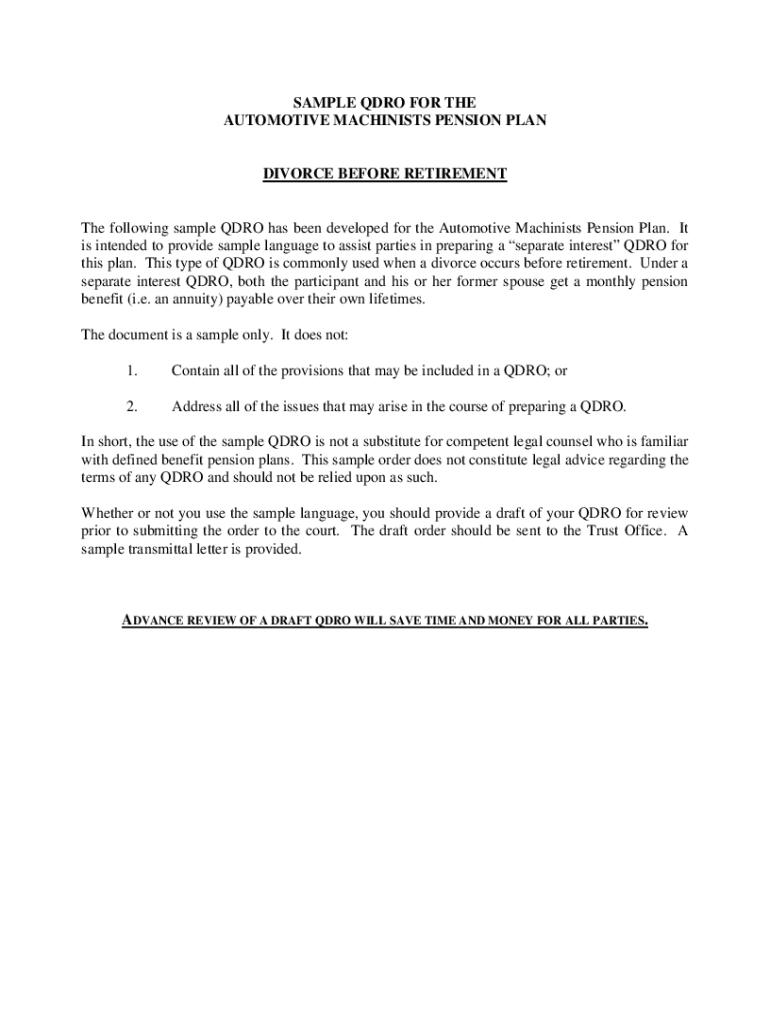 Fillable Online SAMPLE QDRO FOR THE AUTOMOTIVE MACHINISTS PENSION PLAN ...