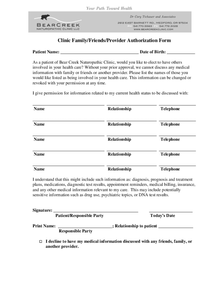 Fillable Online Clinic Family/Friends/Provider Authorization Form Fax ...