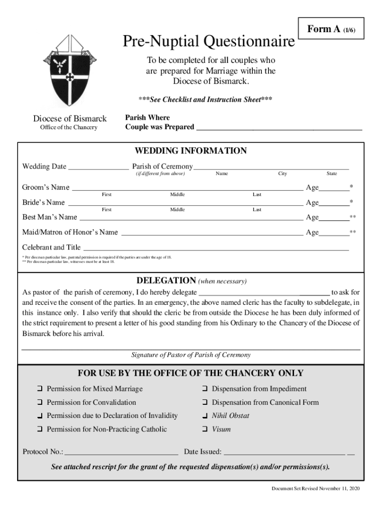 Fillable Online Form A Pre-Nuptial Questionnaire - Diocese of Bismarck Fax Email Print - pdfFiller