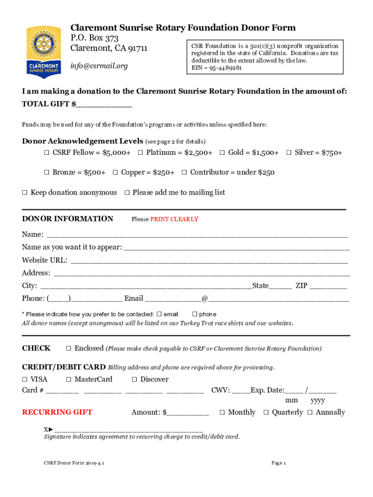 Fillable Online Claremont Sunrise Rotary Foundation Donor Form P.O. Box ...