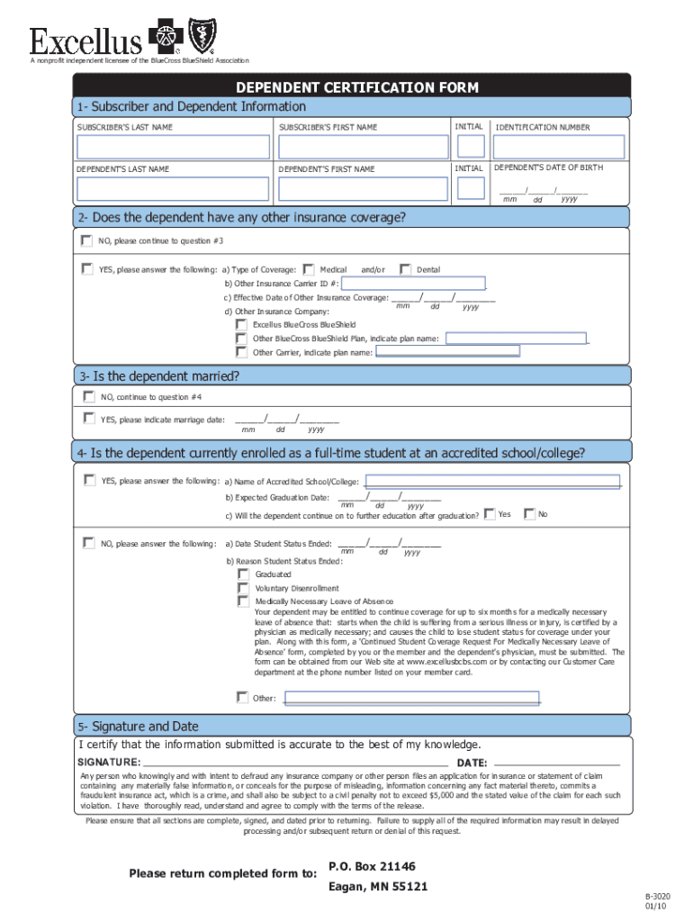 Fillable Online Dependent Certification Form - Official Website Fax ...
