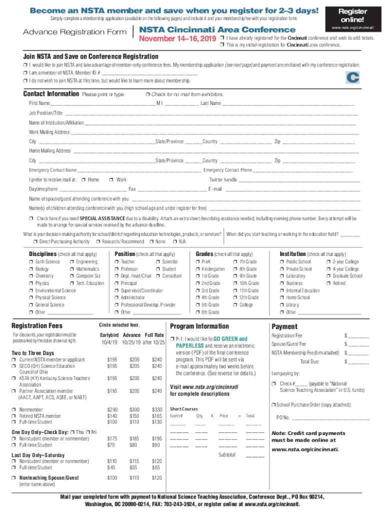 Fillable Online Become an NSTA member Advance Registration Form and save when ... Fax Email ...