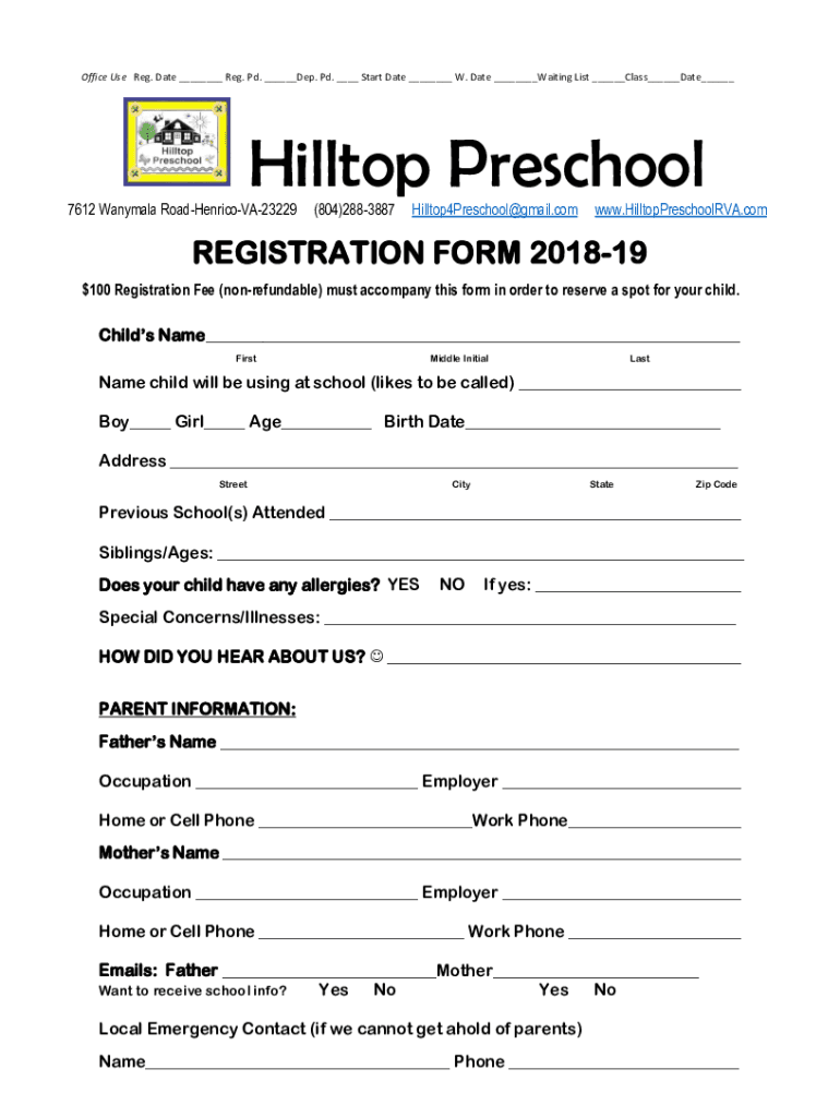 Fillable Online Director: Jackie Allgood - HILLTOP PRESCHOOL Fax Email ...