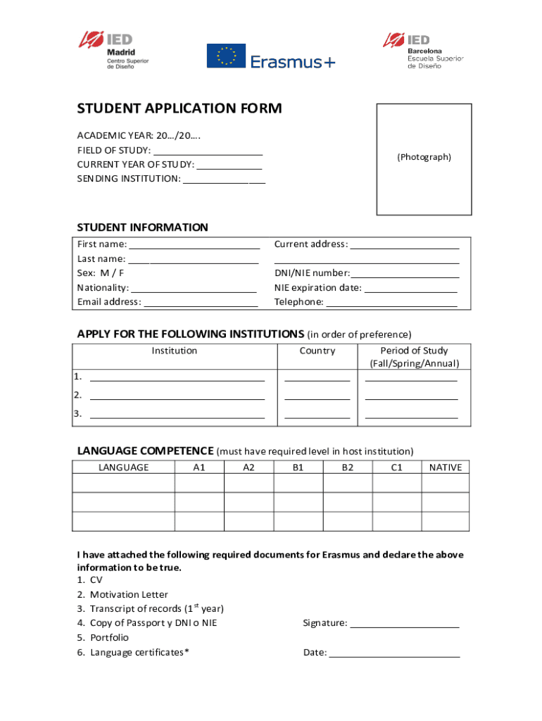 Fillable Online Erasmus - Student Application Form Fax Email Print ...